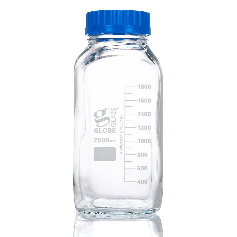 2000mL Square Media Bottle, Wide Mouth, Globe Glass, GL80 Screw Cap, D ...